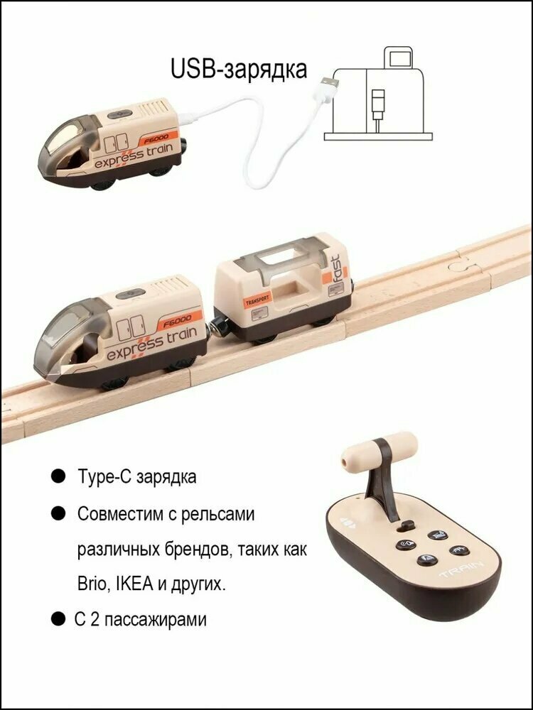 Эксклюзивный поезд на радиоуправлении с USB зарядкой предназначен для эксплуатации на деревянных и пластиковых железнодорожных путях