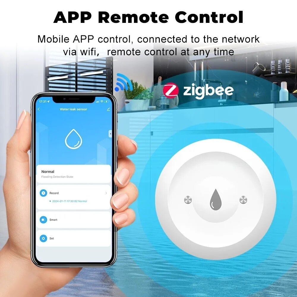 Zigbee Датчик обнаружения утечки воды для умного дома, ZigBee, Apple HomeKit, Amazon Alexa, белый — фото 1