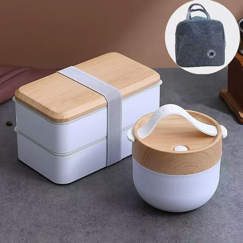 Контейнер с отделениями для еды и ланч бокс для супа, набор с термосумкой белый