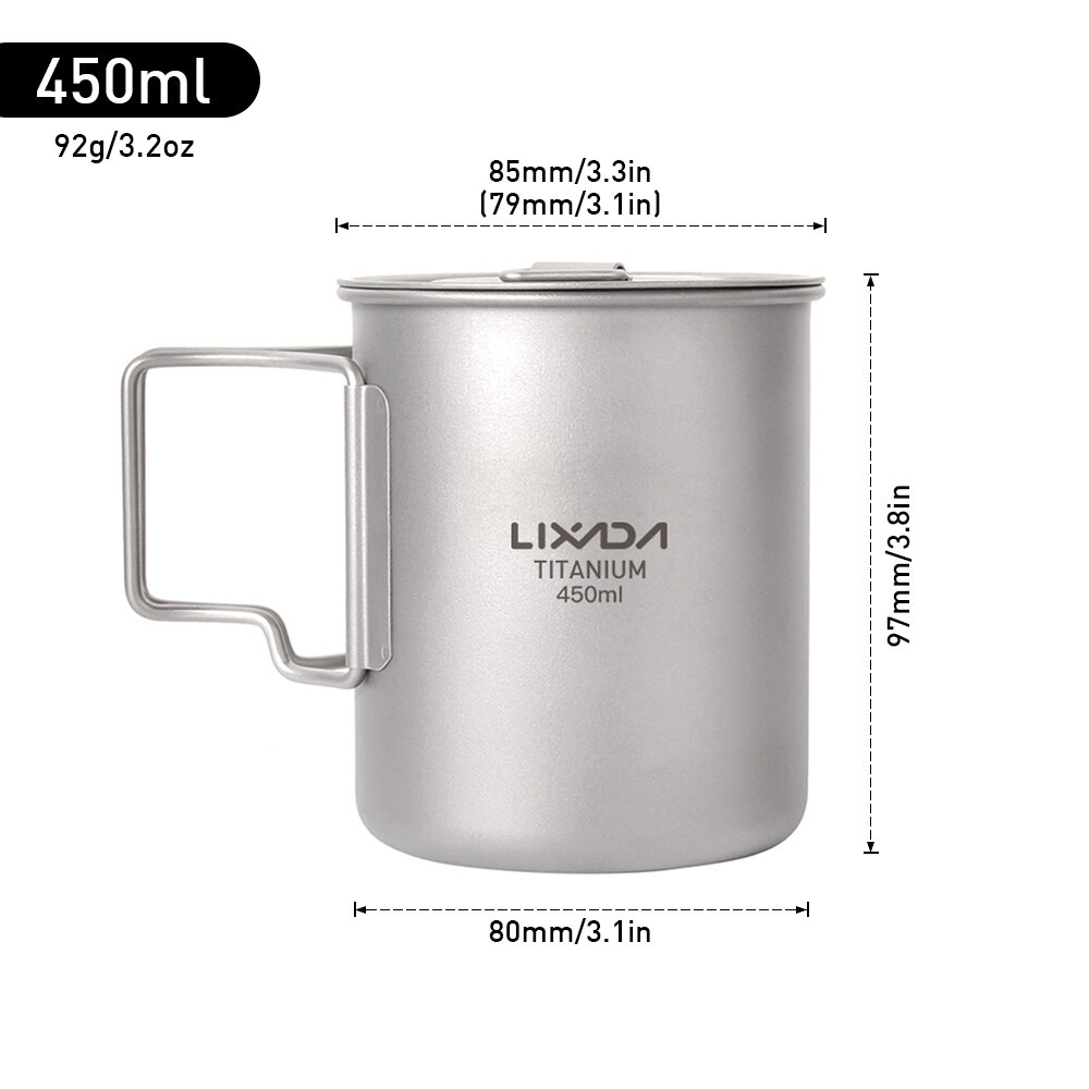 Легкая титановая кружка Lixada 450мл/550мл с крышкой, складными ручками для кофе, чая, кемпинга, пох