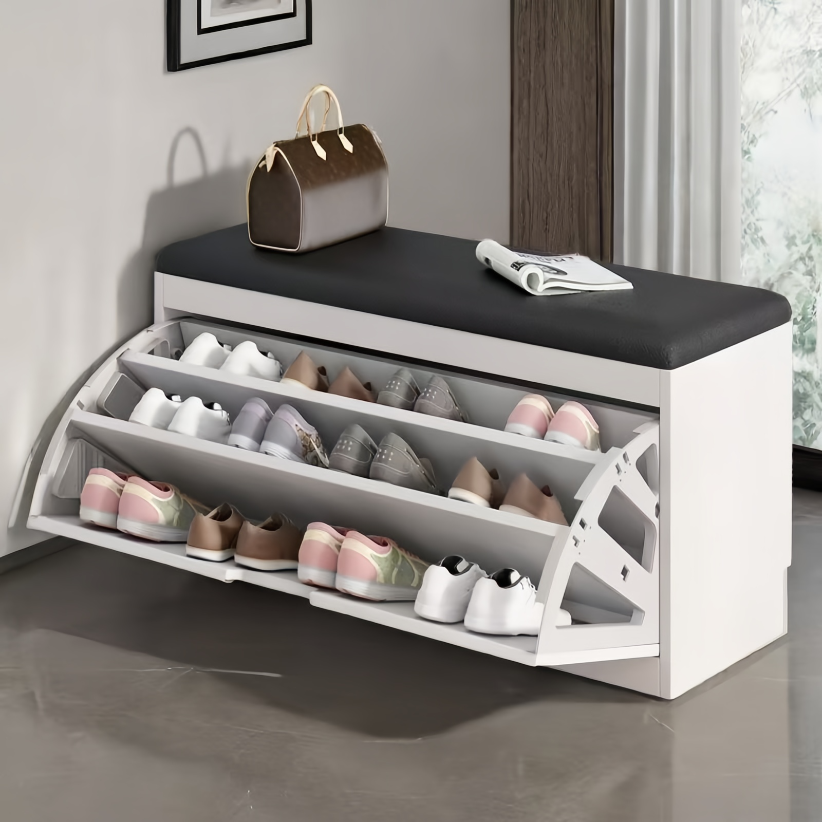 Скамейка ТекСтиль для переобувания, с откидным шкафом для обуви