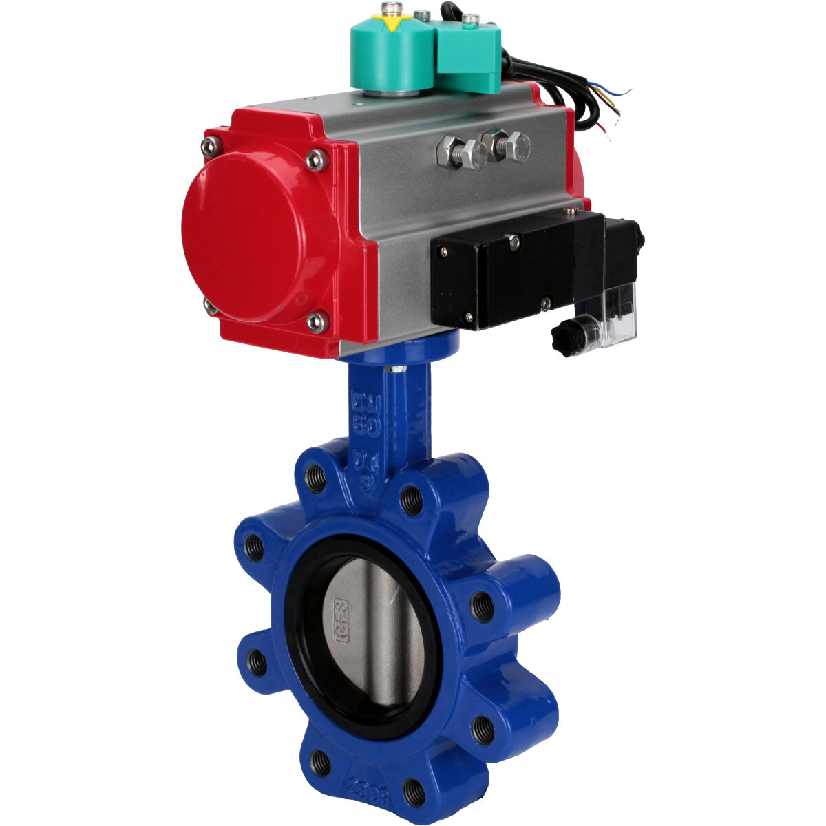 Затвор дисковый поворотный DN. ru QT450-304-NBR-2W-Fb-H Ду150 Ру16 LUG корпус - чугун QT450, диск - нержавеющая сталь 304, уплотнение - NBR, с пневмоприводом DA-105, пневмораспределителем PND2-S1EM-52-1NC-J08-24VDC и переключателем МППП-200 (опрессовано)