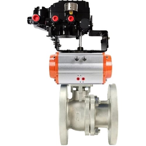 Кран шаровой DN.ru кшфп.316.200 Ду32 Ру40, полнопроходной фланцевый, нержавеющая сталь SS316, уплотнение - PTFE, с пневмоприводом DA-065 двойного действия и с электропневматическим поворотным позиционером EPRP1-NU-0-08 без обратной связи