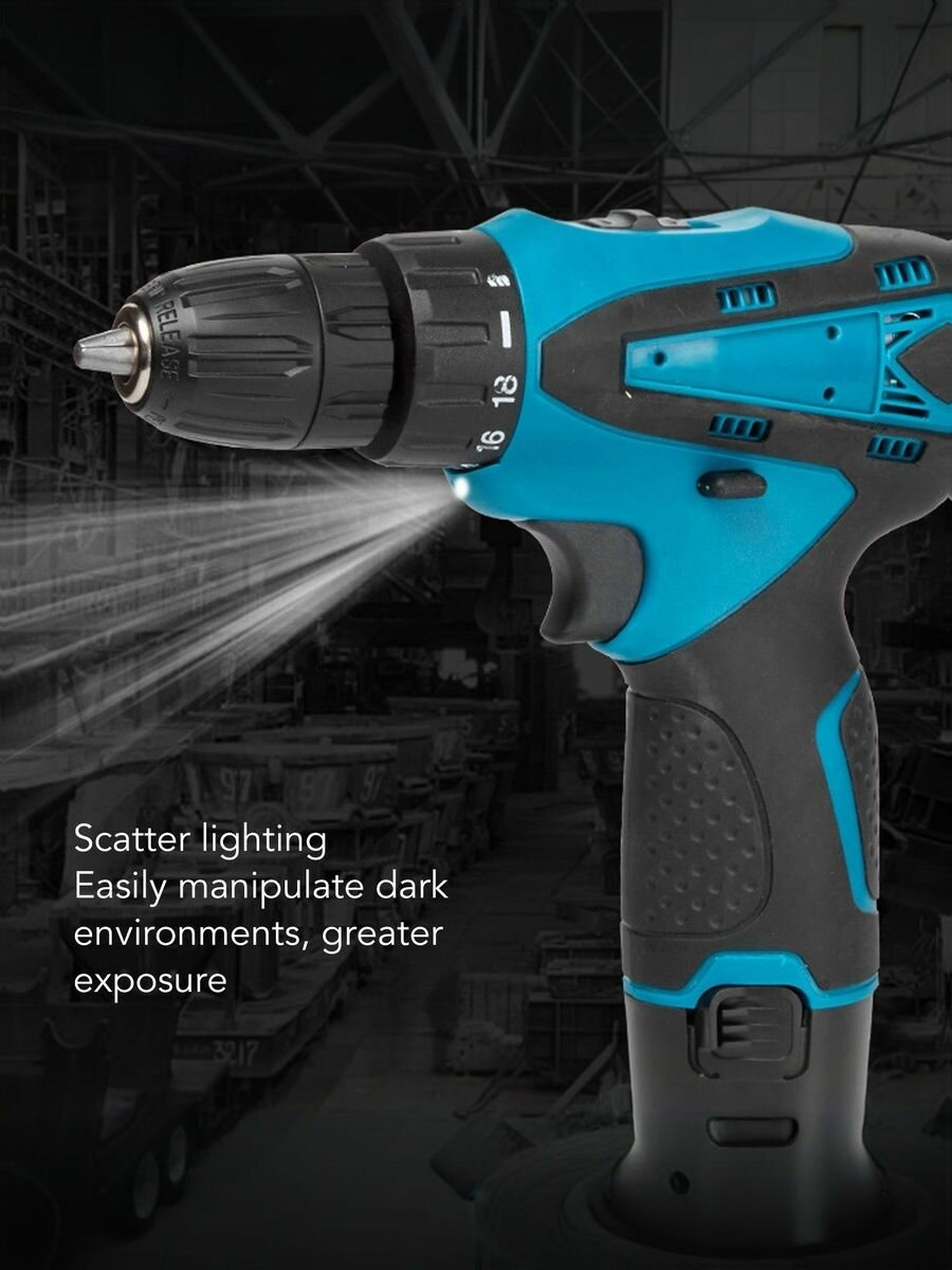 Легкая электрическая дрель: безщеточный мотор (35% больше работы), 18+1 режим крутящего момента, LED-лампа, заряжается за 1 час, вес 1.9фунта