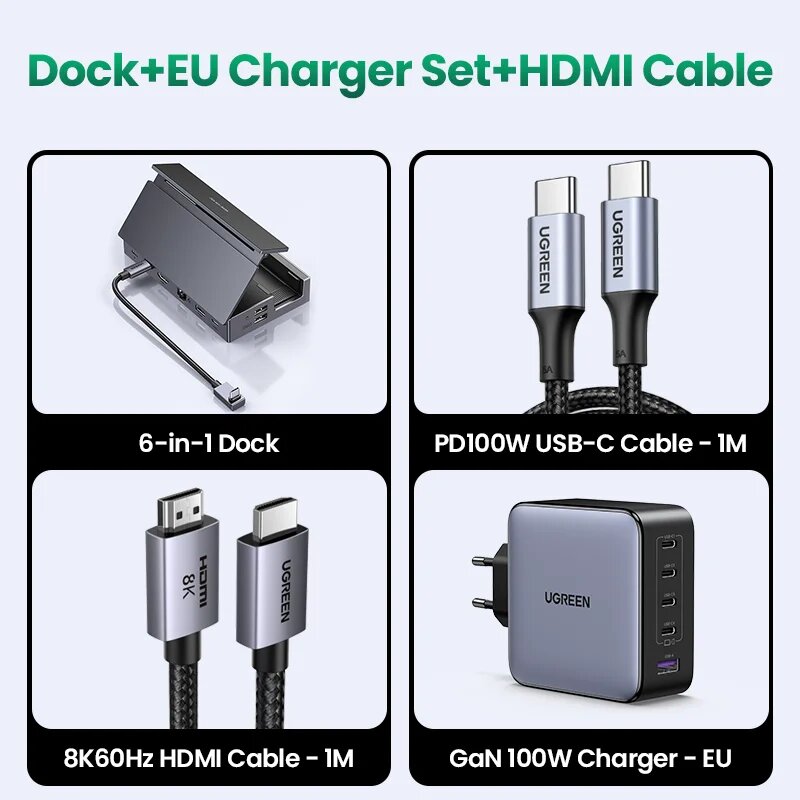 UGREEN 6-в-1 USB-C док-станция 4K 120Гц EU Charger Set