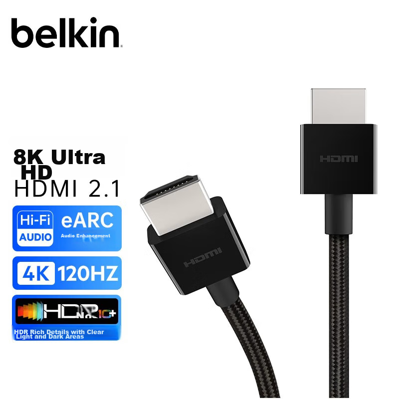 Belkin HDMI 2.1 Extension Cable, 48Gbps Monitor Connection Cable, 4K Dynamic HDR High-Definition Video Cable, 8K Digital EARC Cable, Braided 2-Meter AV10176