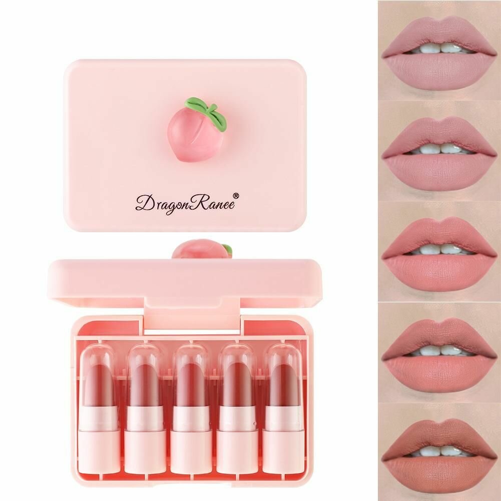 Миниатюрный набор помад с ароматом персика, 5 матовых оттенков в компактном боксе, идеально для путешествий