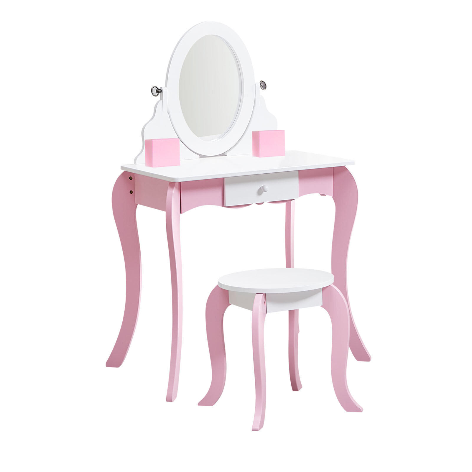 Детский туалетный столик из дерева, для макияжа, с вращающимся зеркалом и стулом, противоскользящие ножки, изогнутые ножки, розовый.