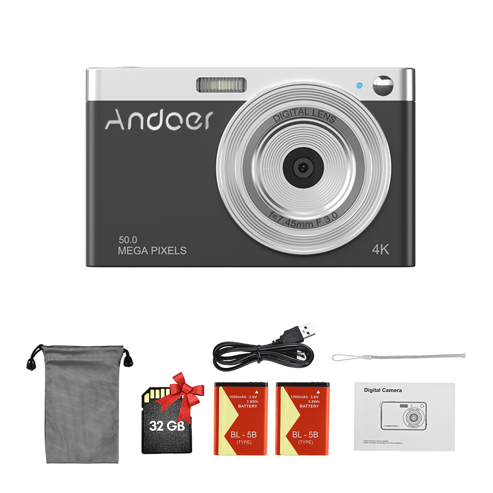 Детская цифровая камера 4K 50MP HD с 16-кратным зумом, 2,88-дюймовым IPS-дисплеем, автофокусом и компактным дизайном.