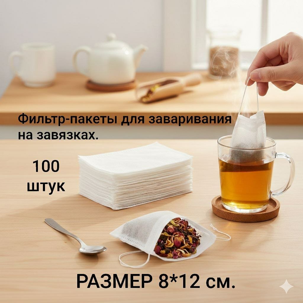 Фильтр-пакеты для заваривания чая и трав, одноразовые мешочки на завязках 8х12 см, 100 шт