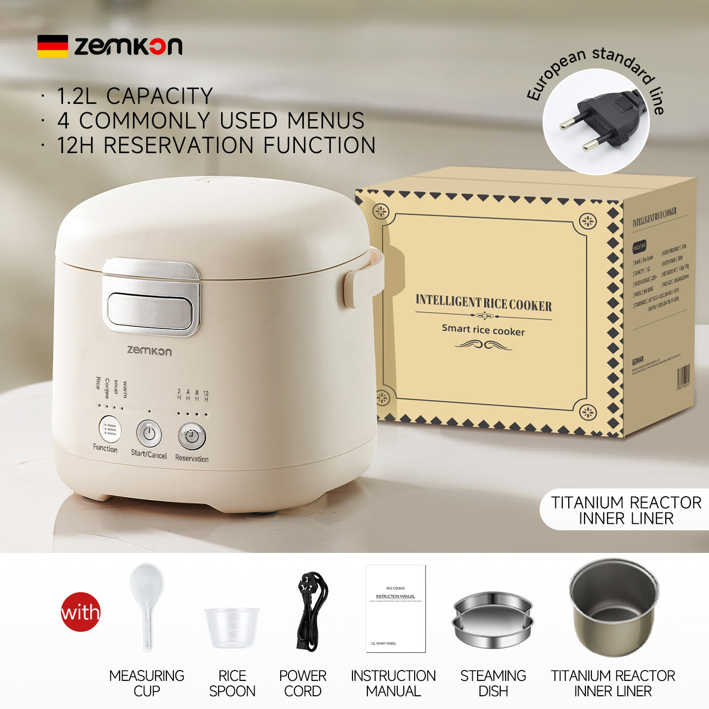Рисоварка Zemkon 1.2L мини для одного человека, домашняя, для 1-2 человек, интегрированная для приготовления на пару и варки, маленькая рисоварка с титановым покрытием для 2 человек