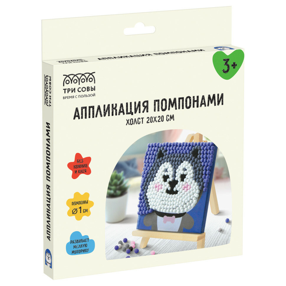 Аппликация помпонами ТРИ совы "Хаски", 20*20см на подрамнике, картонная коробка, 366975