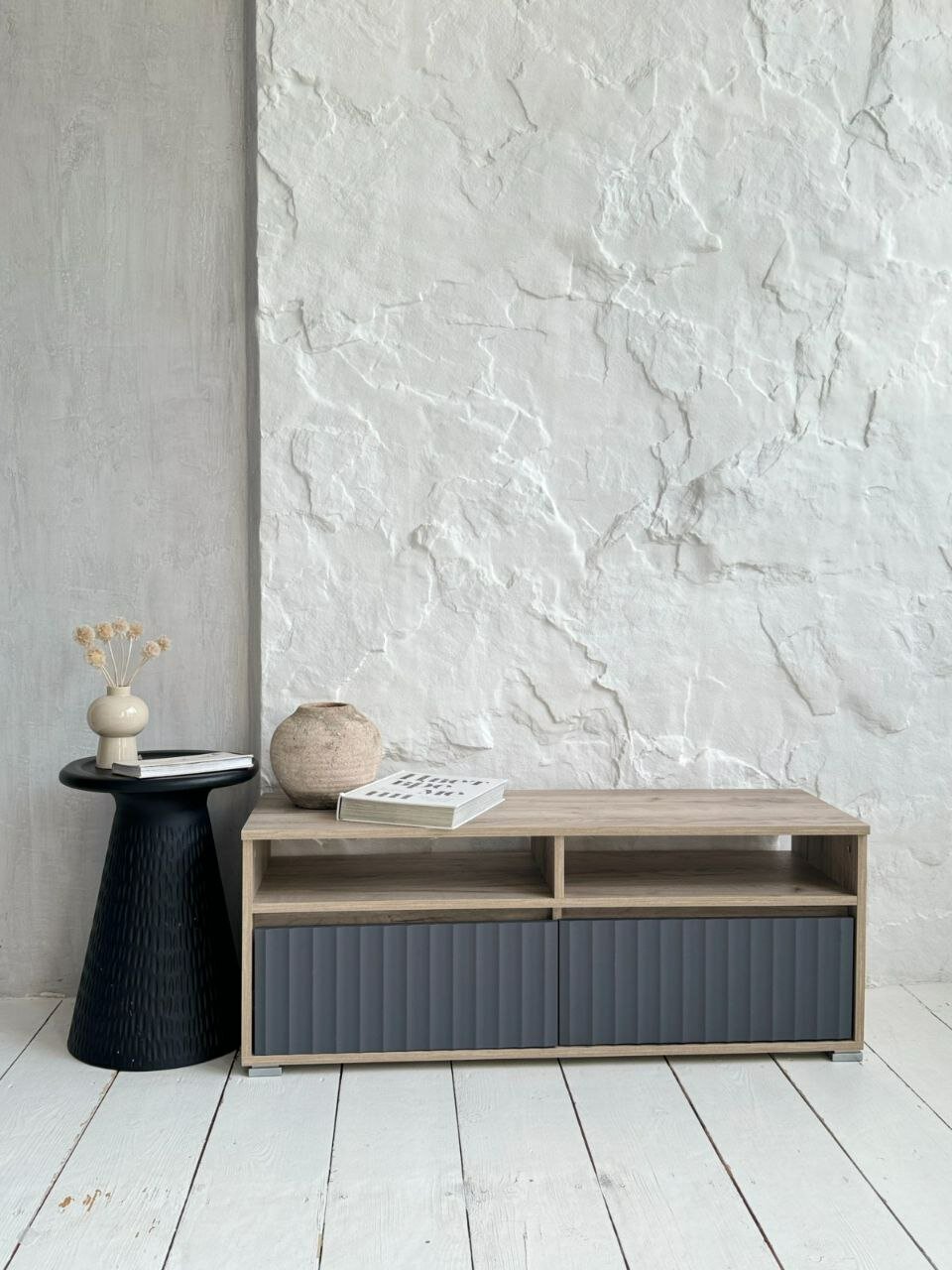 Тумба ТВ с ящиками и полками узкая ТВ-3 (90х34х40 см), Дуб крафт серый/МДФ Грей софт, шариковые направляющие