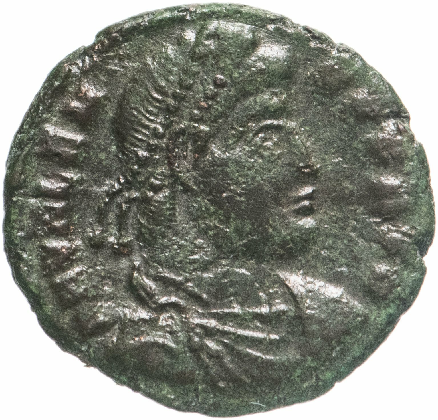 Римская Империя, Валент II, 364-378 гг, Нуммий реверс: Виктория идет влево, в руках - венок и пальмовая ветвь, Медь, в сохранности XF