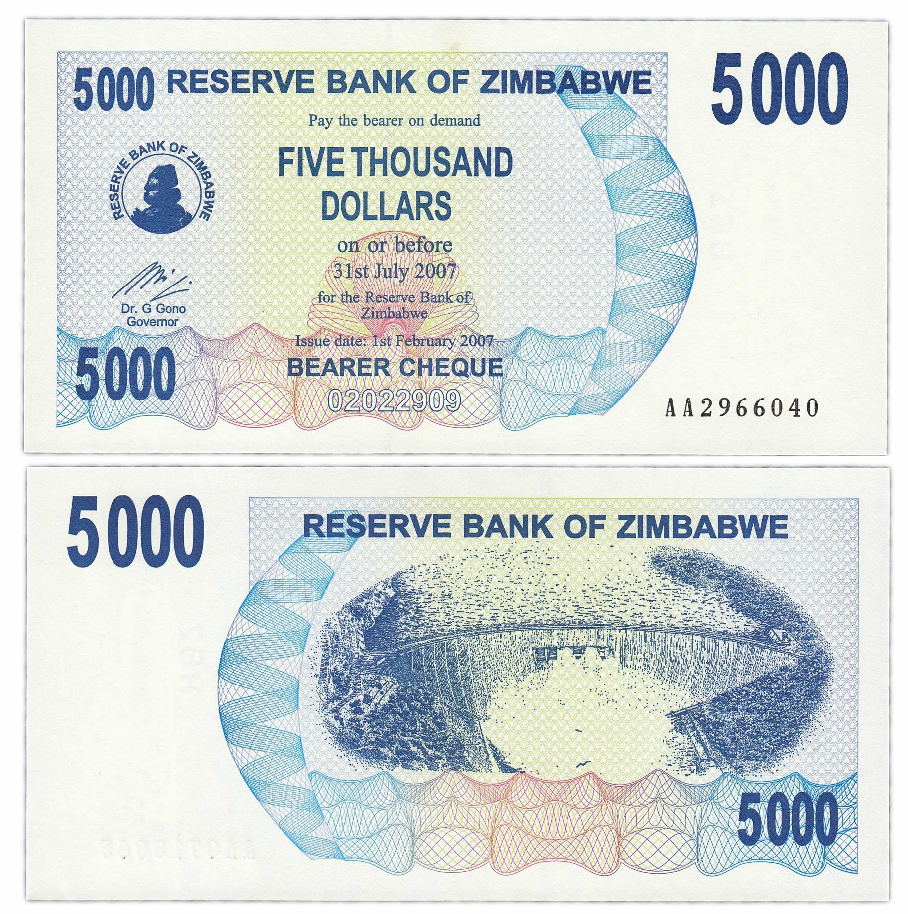 Зимбабве - 5000 долларов 2007 "Плотина Кариба" серия АА Pick 45