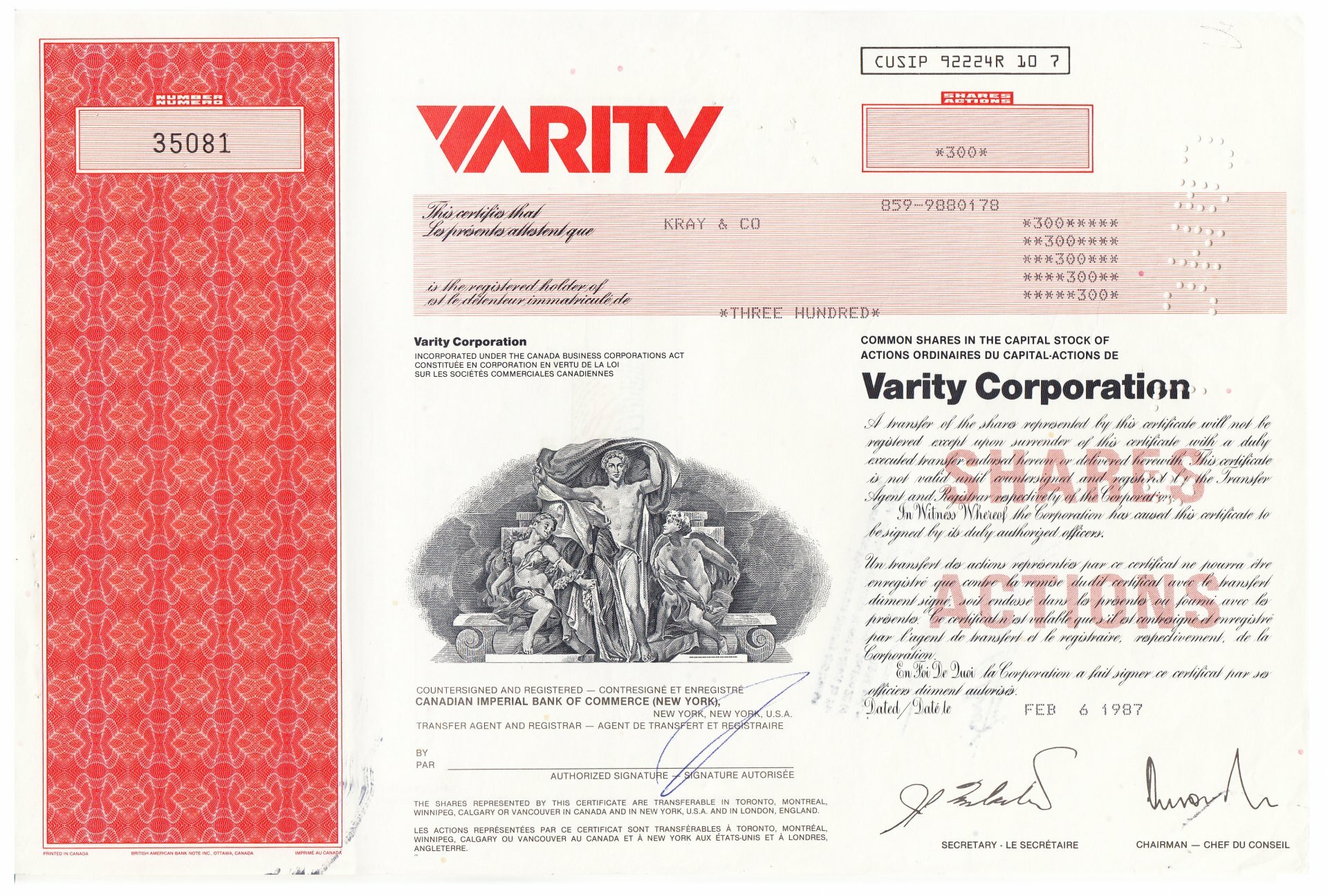 Акция США Varity Corporation 1986- 1987 гг