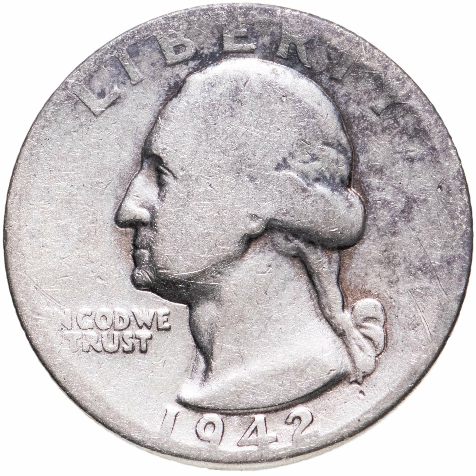 США 25 центов квотер, 1/4 доллара, quarter dollar 1942 S Washington Quarter, Медь 900, в сохранности VF
