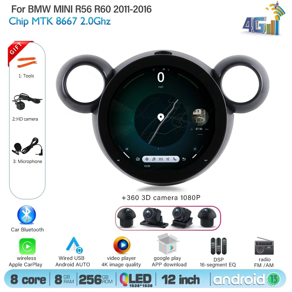 Для BMW Mini Cooper R56 R60 2011-2016 GPS Android 15 Auto Carplay автомобильная 8-256GB-360