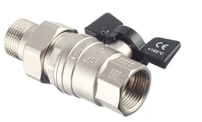 Кран шаровый латунный Bugatti (3220089) 3/4 ВР(г) х 3/4 НР(ш) бабочка с полусгоном прямой (американка)