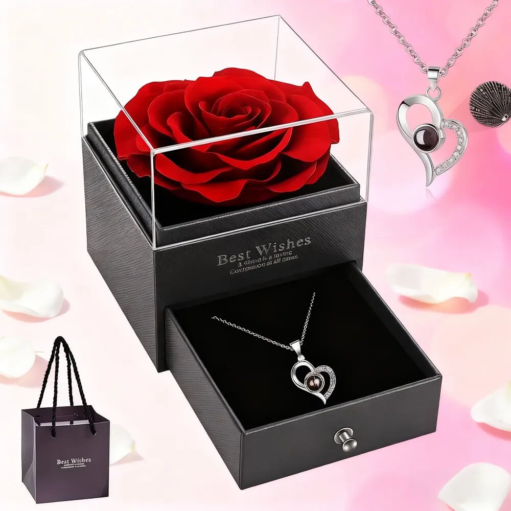 Подарочный набор для женщин: ожерелье с сердечным кулоном, коробка с розами
