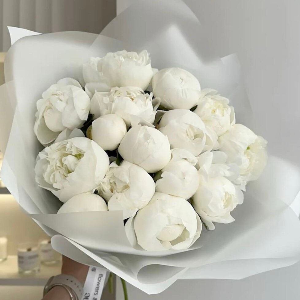 Букет из белых пионов 15 шт, красивый букет цветов, шикарный, премиум цветы, премиум букет
