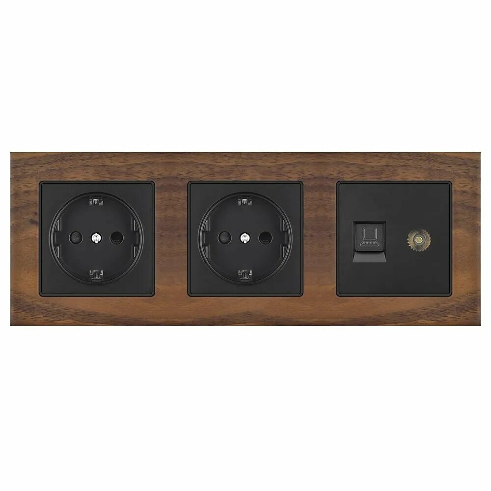 Розетка электрическая 3 поста 220В +Розетка ТВ-Компьютер RJ-45 CAT6, с рамой из цельного дерева 224мм*82мм, черный .