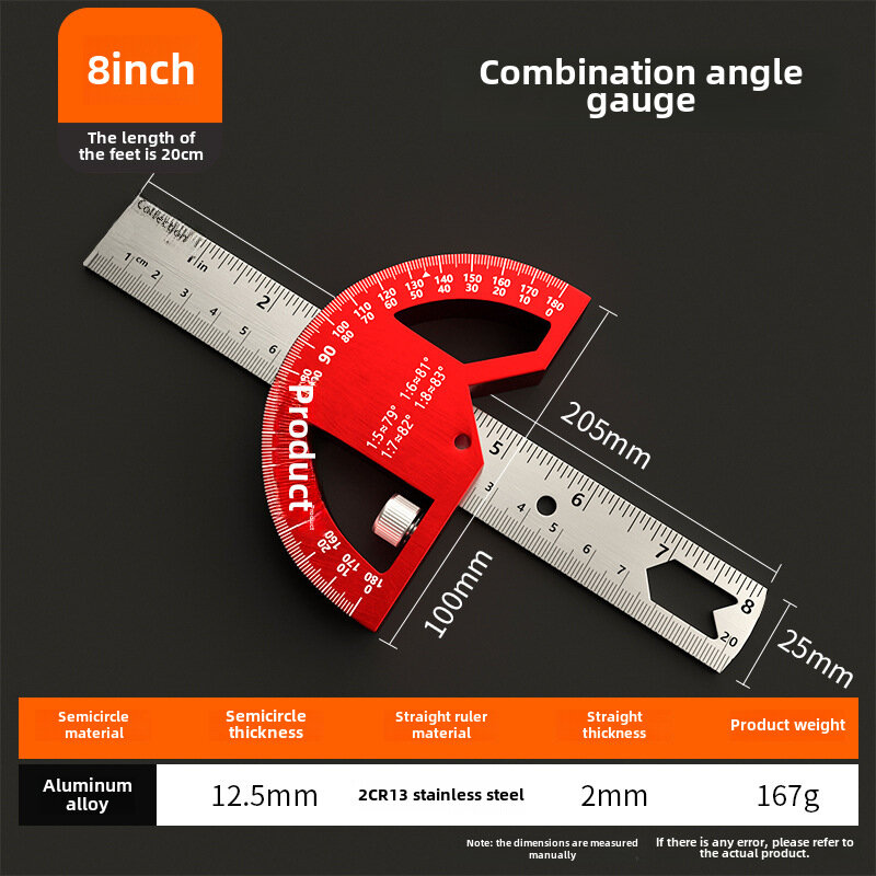 Измерительный инструмент для деревообработки: Магнитный угломер-протрактор, многофункциональный подвижный угольник, линейка с метрической и дюймовой шкалой, 8 дюймов