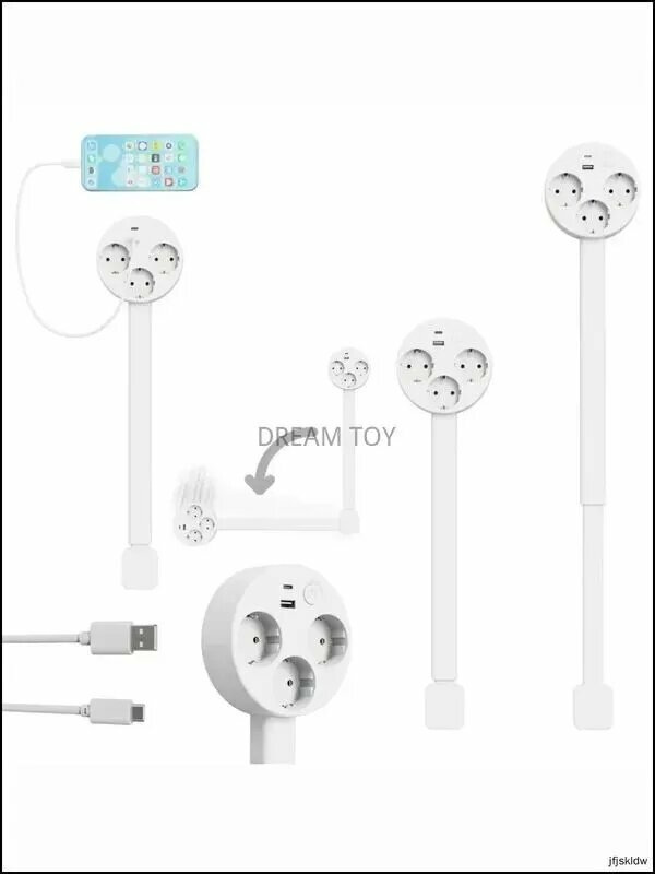 Поворотный удлинитель с 5 розетками, USB-портами и выключателем