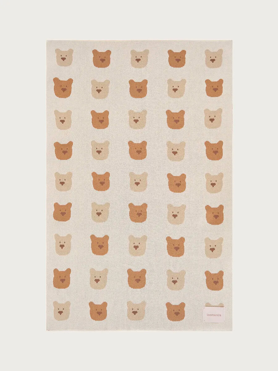 Плед для новорождённых детский Loomknits вязаный 100% хлопок с мишками Экрю