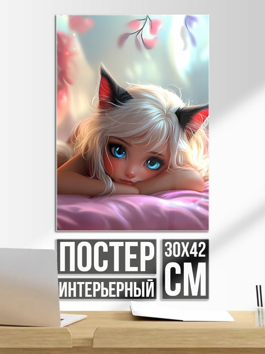 Постер на стену Девушка кошечка с голубыми глазами