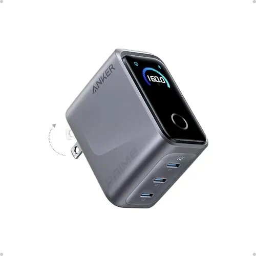 Зарядное устройство Anker Prime 160W с 3 портами USB-C, компактное, с технологией GaN, интеллектуальным дисплеем и сенсорным управлением, максимальная мощность зарядки 140W
