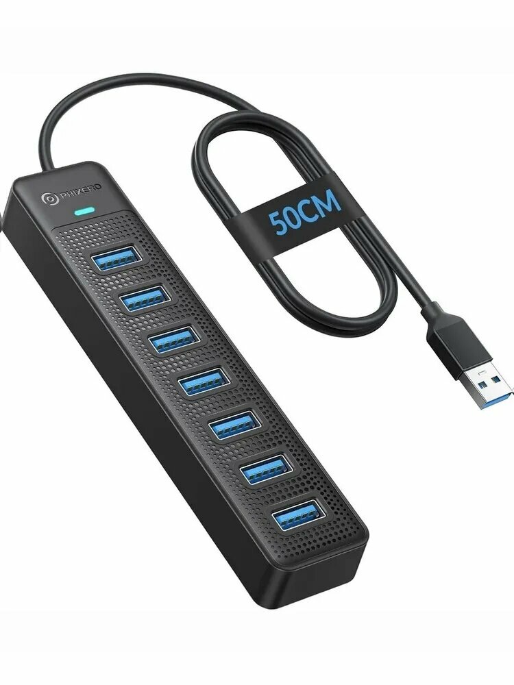 PHIXERO USB-хаб на 7 портов 3.0, 5 Гбит/с, с питанием Type-C и кабелем 0.5 м. Для ПК, ноутбука, жесткого диска, периферии