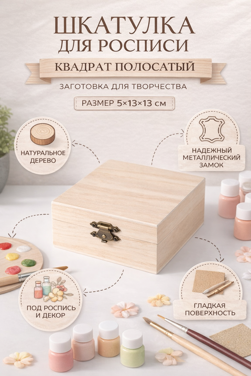 Шкатулка для росписи "Квадрат полосатый" заготовка для творчества, размер 5×13×13 см