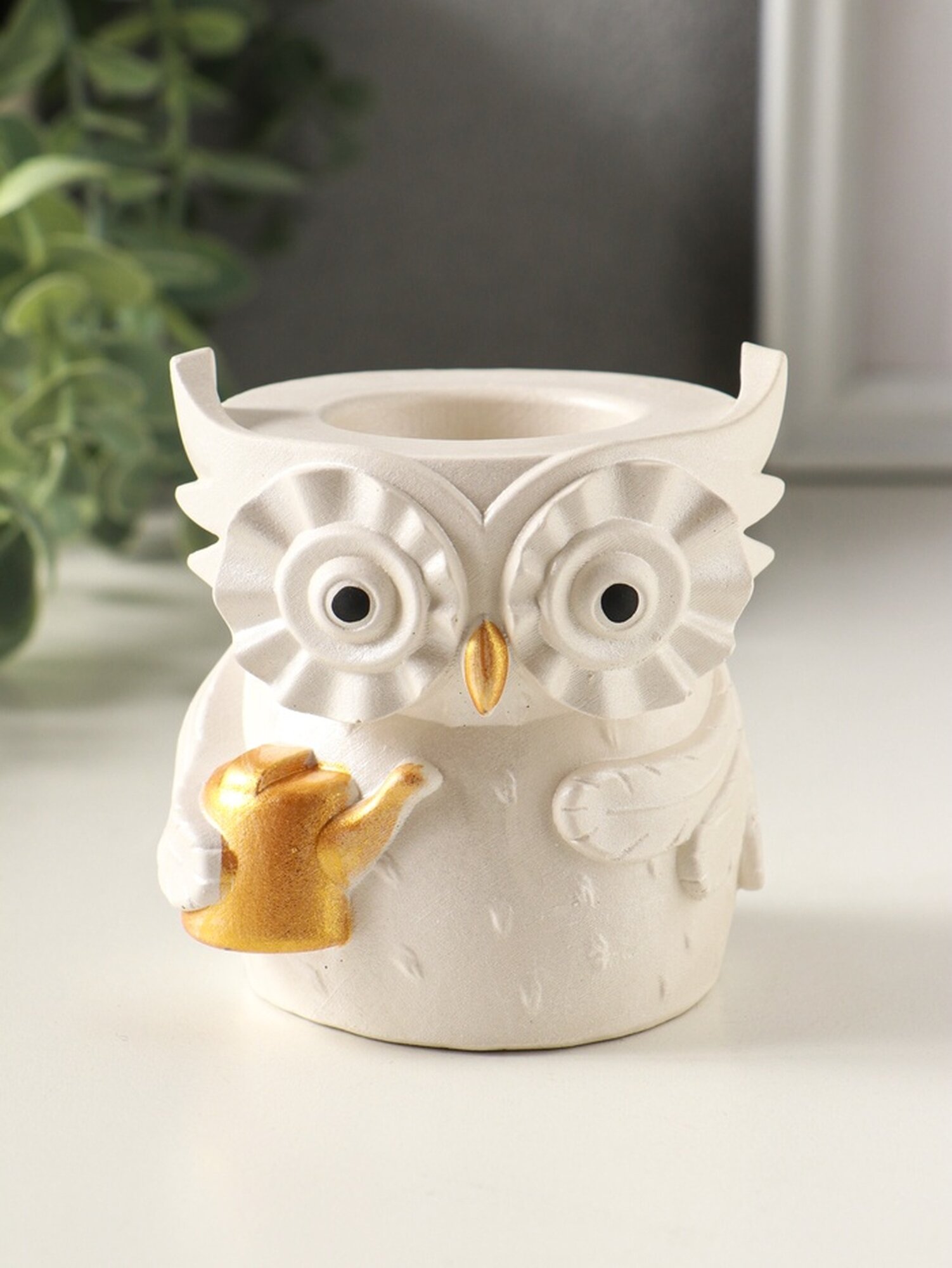 Карандашница Сима-ленд "Сова с лейкой", гипс, цвет белый, 8x8 см