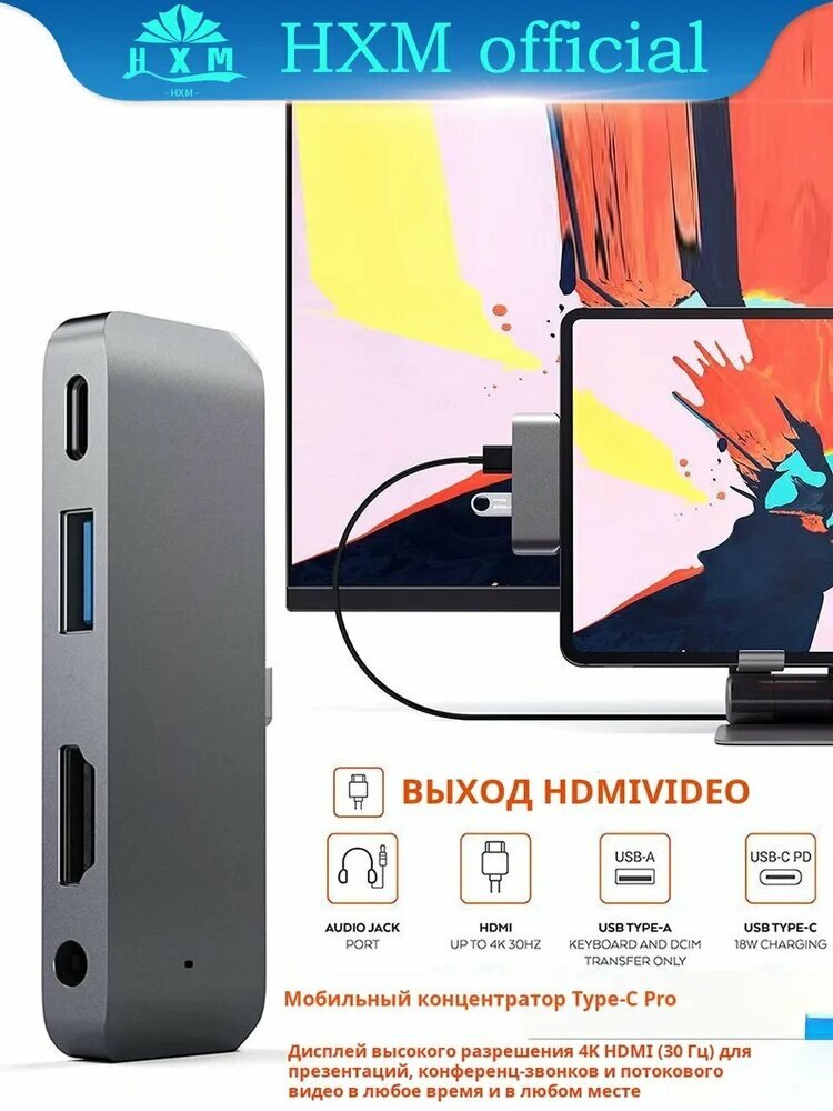 Док-станция-концентратор 4-в-1 Type-c / HDMI / USB / 3,5 мм с разъемом для наушников подходит для iPad, игровой консоли, мобильного телефона, компьютера