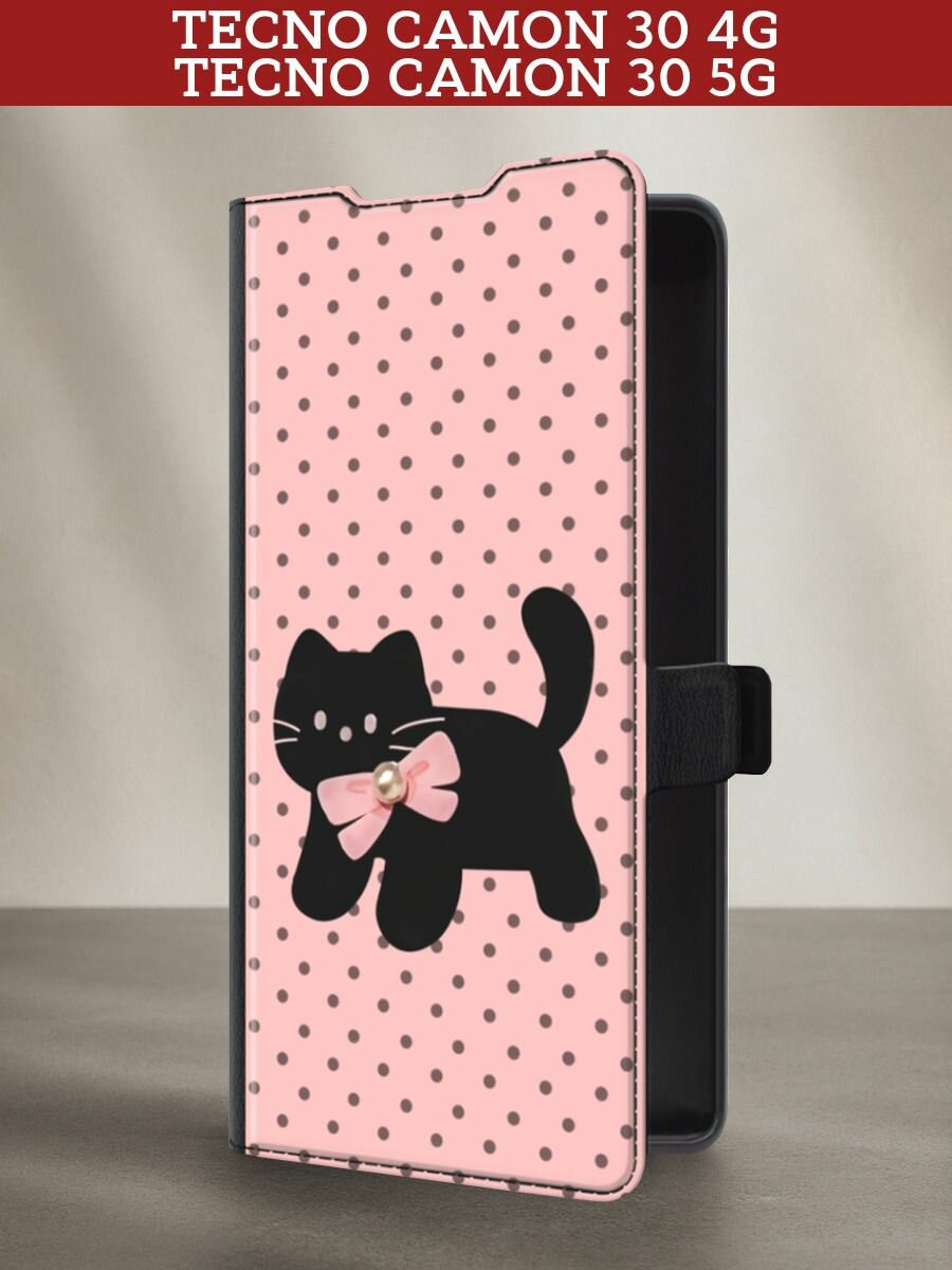 Чехол-книжка на Tecno Camon 30 4G/Tecno Camon 30 5G / Текно Камон 30 4G с принтом Черный котик с бантом 2, черный