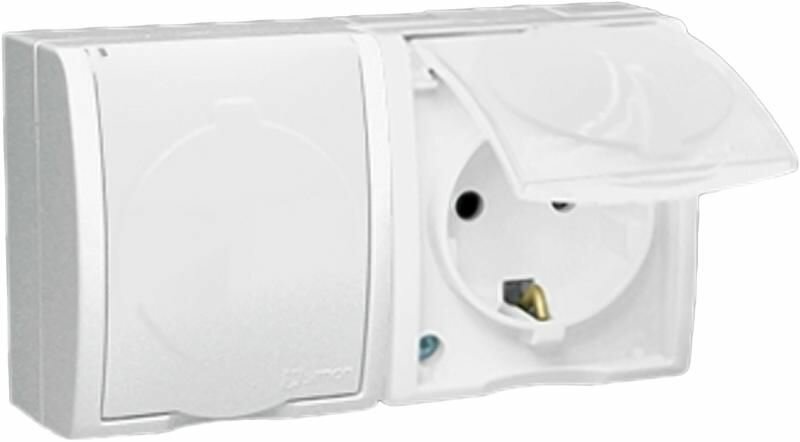 Розетка Simon двухместная, ОП, 16А, IP54, 250В, с заземлением, защитные шторки, с крышкой, винтовые клеммы, белый