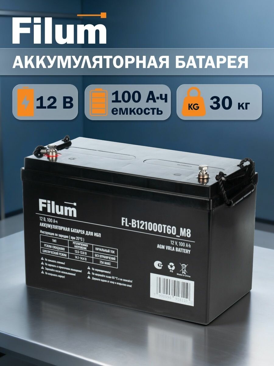 Батарея для ИБП Filum FL-B121000T60_M8 AGM VRLA 12 В, 100 Ач, (ШхВхГ) 330х218х172 мм, с клеммой Т60 под болт М8х16