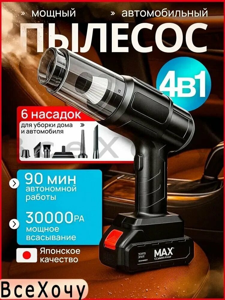 Автомобильный пылесос беспроводной аккумуляторный мощный 4 в 1, воздуходув, вакууматор, 6 насадок