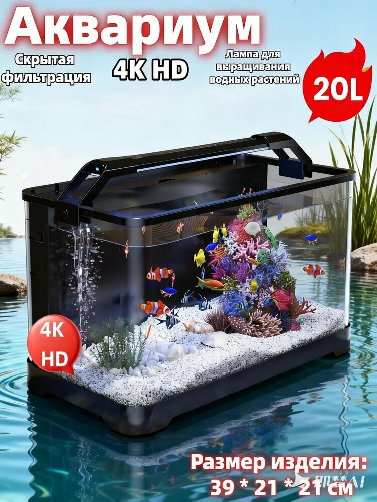Аквариум для рыбок с подсветкой и фильтром и крышкой 20 литров