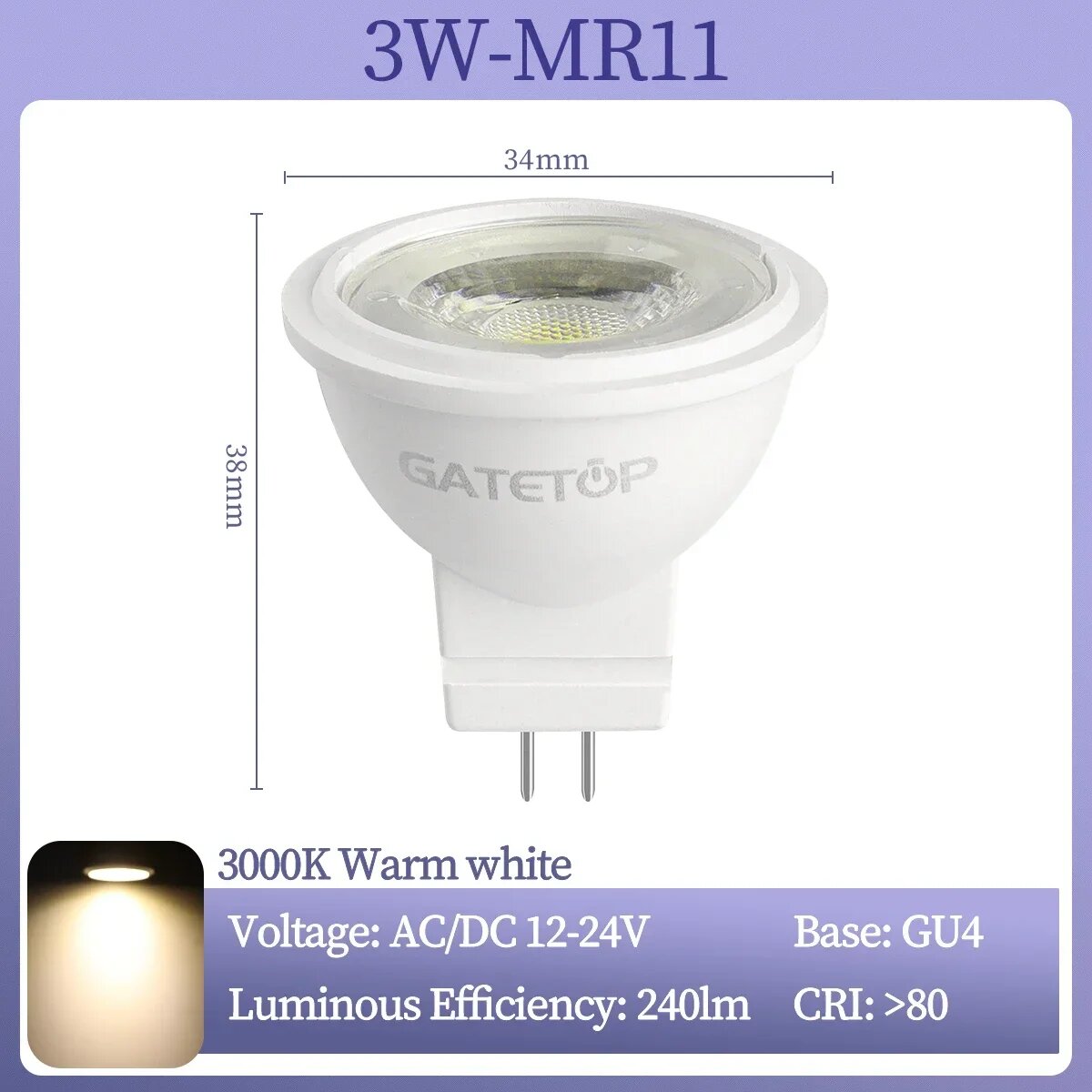 Gatetop MR11 3Вт GU4 светодиодный прожектор 3000K, 6 LED