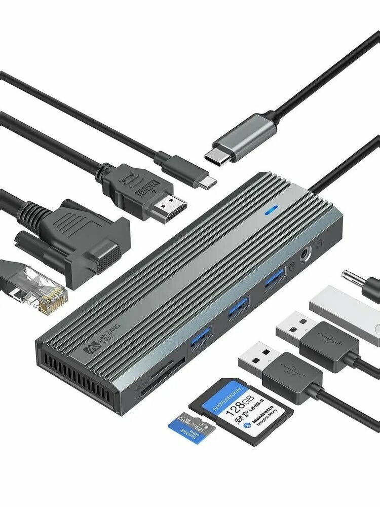 10-в-1 Док-станция SANZANG USB-C Hub с питанием 100W, 4K HDMI, VGA, USB 3.0, Gigabit Ethernet, разъемом PD и для карт памяти
