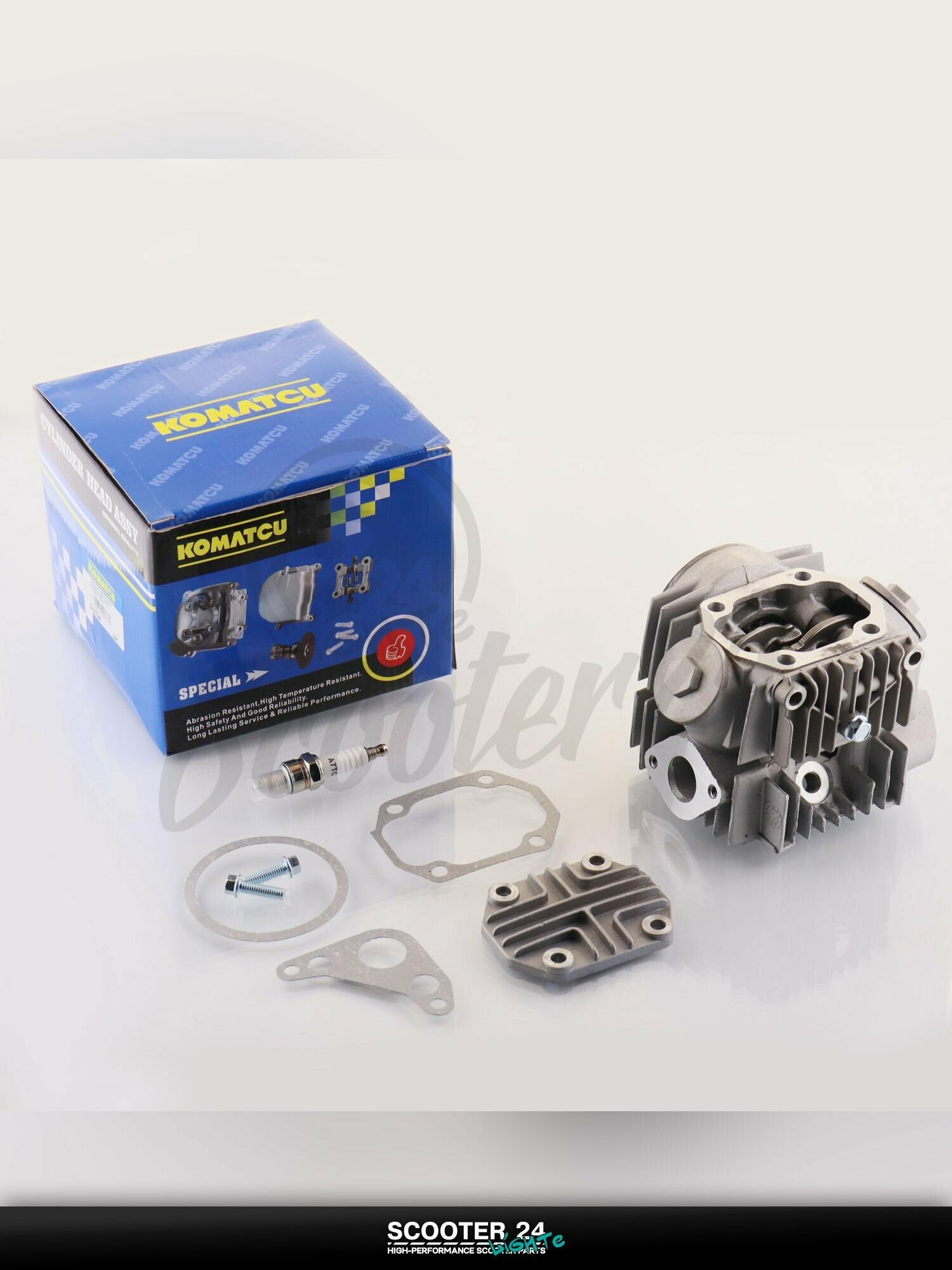 Головка цилиндра в сборе на мопед и питбайк на мотоцикл и мопед Alpha, Delta / Альфа Дельта / Альфа Дельта Орион, TTR 110 кубов, d 52,4, d 20/23, + свеча "KOMATCU" (mod.A)