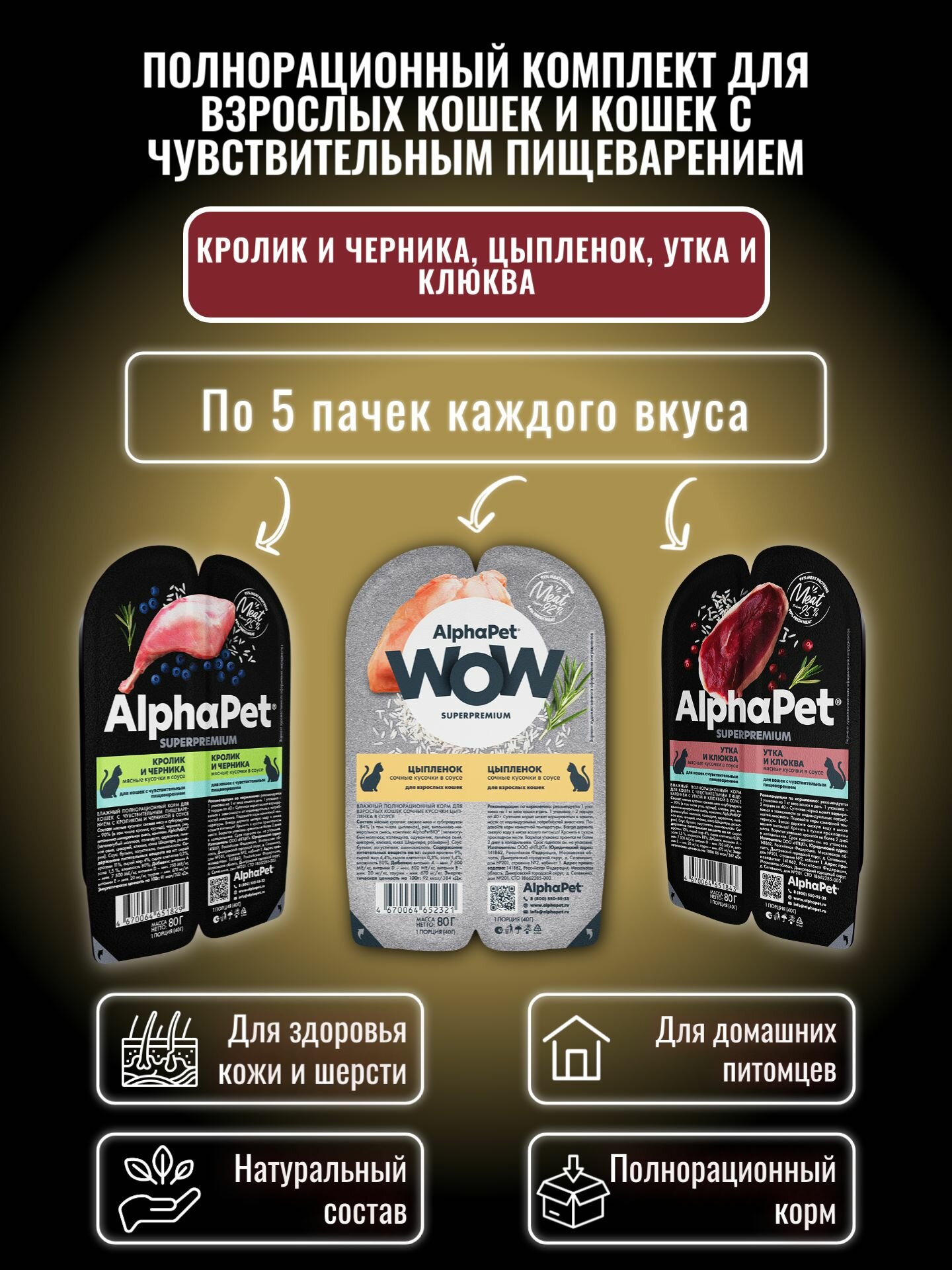 AlphaPet Superpremium / Комплект для взрослых кошек и котов и кошек с чувствительным пищеварением, 3 вкуса (Цыплёнок, Кролик, Утка), 15 шт