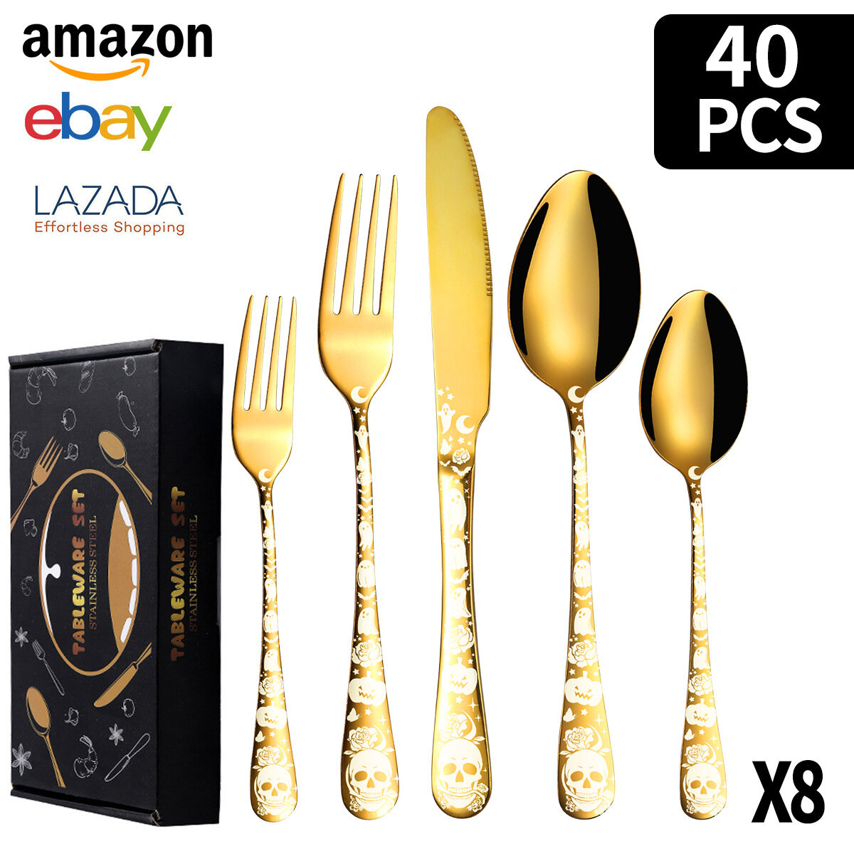 Самый продаваемый на Amazon набор столовых приборов из нержавеющей стали в форме черепа, набор столовых приборов в западном стиле с узором на Хэллоуин для отелей.