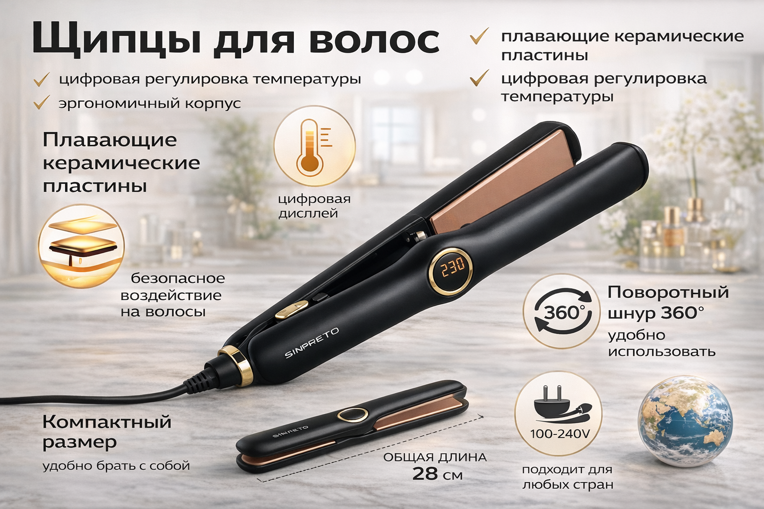 Щипцы для выпрямления волос SINPRETO с керамическими пластинами и цифровым дисплеем
