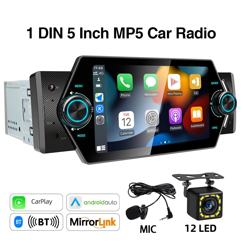 1Din 5" MP5 Car Radio с Carplay, Android Auto, MIC, 12 LED