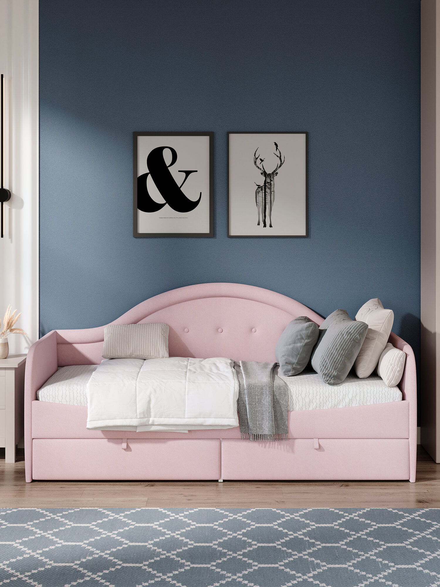 Кровать ТриЯ «Адель» односпальная с мягкой спинкой, Велюр Пудровый, 2 выдвижных ящика, 200×80 см, ЛДСП