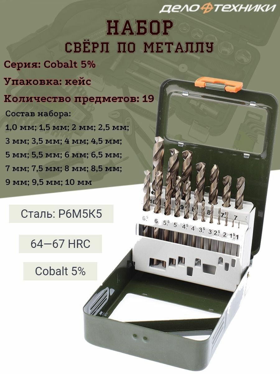Набор сверл Дело Техники "Cobalt 5%", по металлу, 19 шт, в кейсе