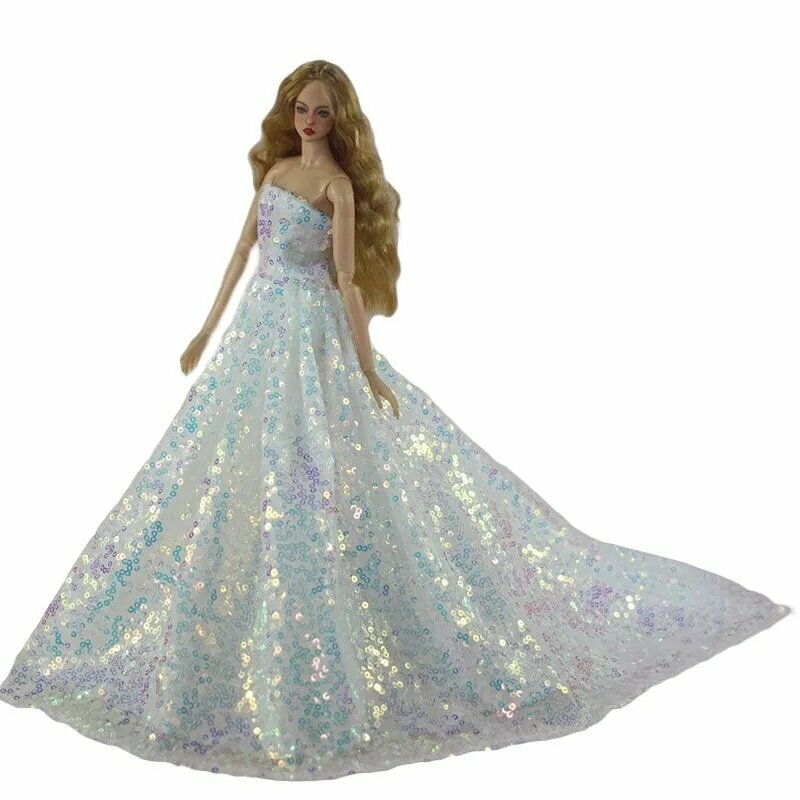 Белое платье ручной работы с длинным хвостом из блесток для куклы Барби